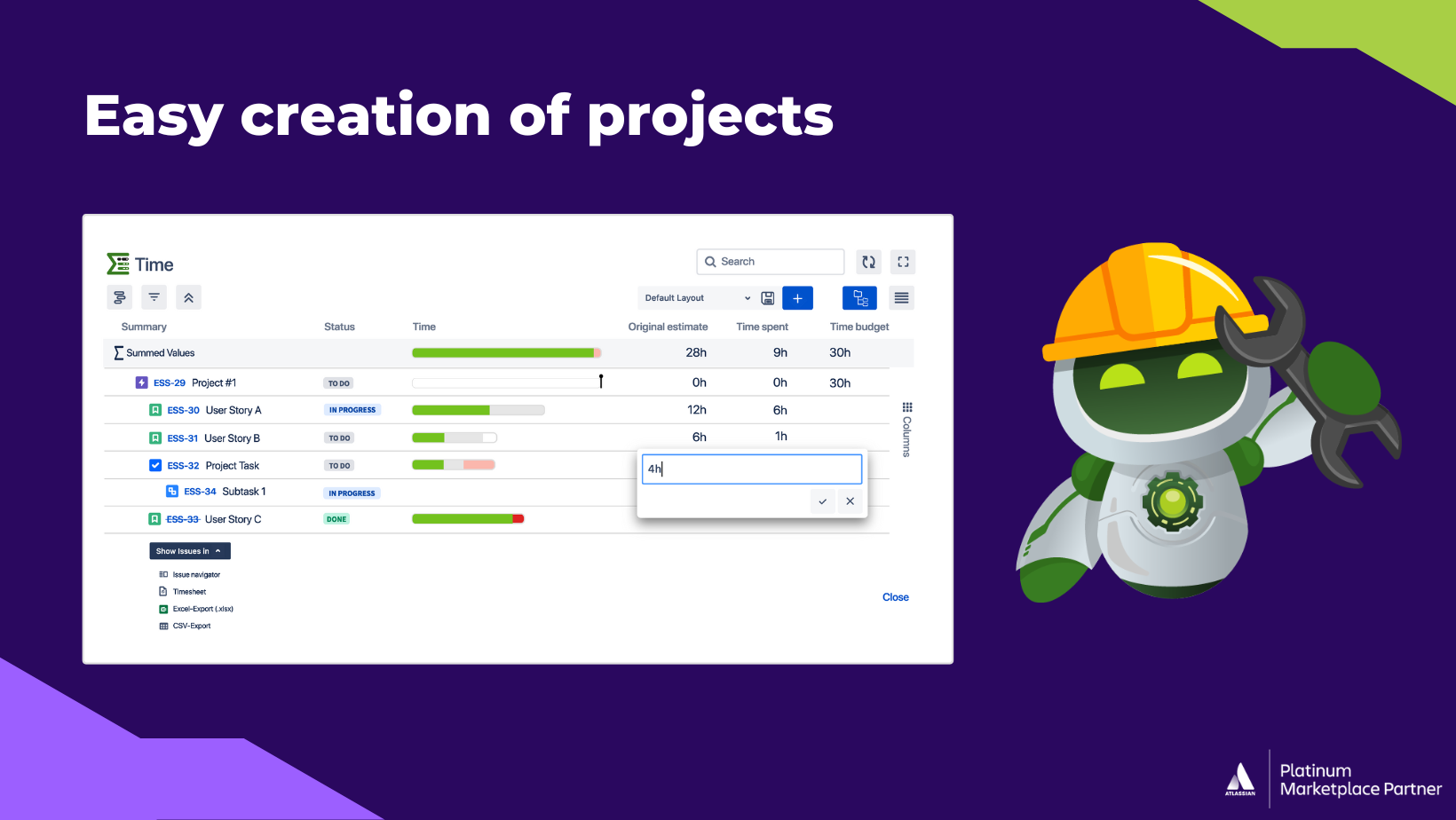 Easy creation of projects - Epic Sum Up for Jira